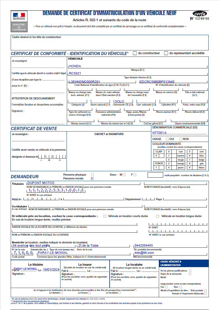 MotoClic - Vehicules neufs - Impression CERFA 13749*05 "DEMANDE DE ...